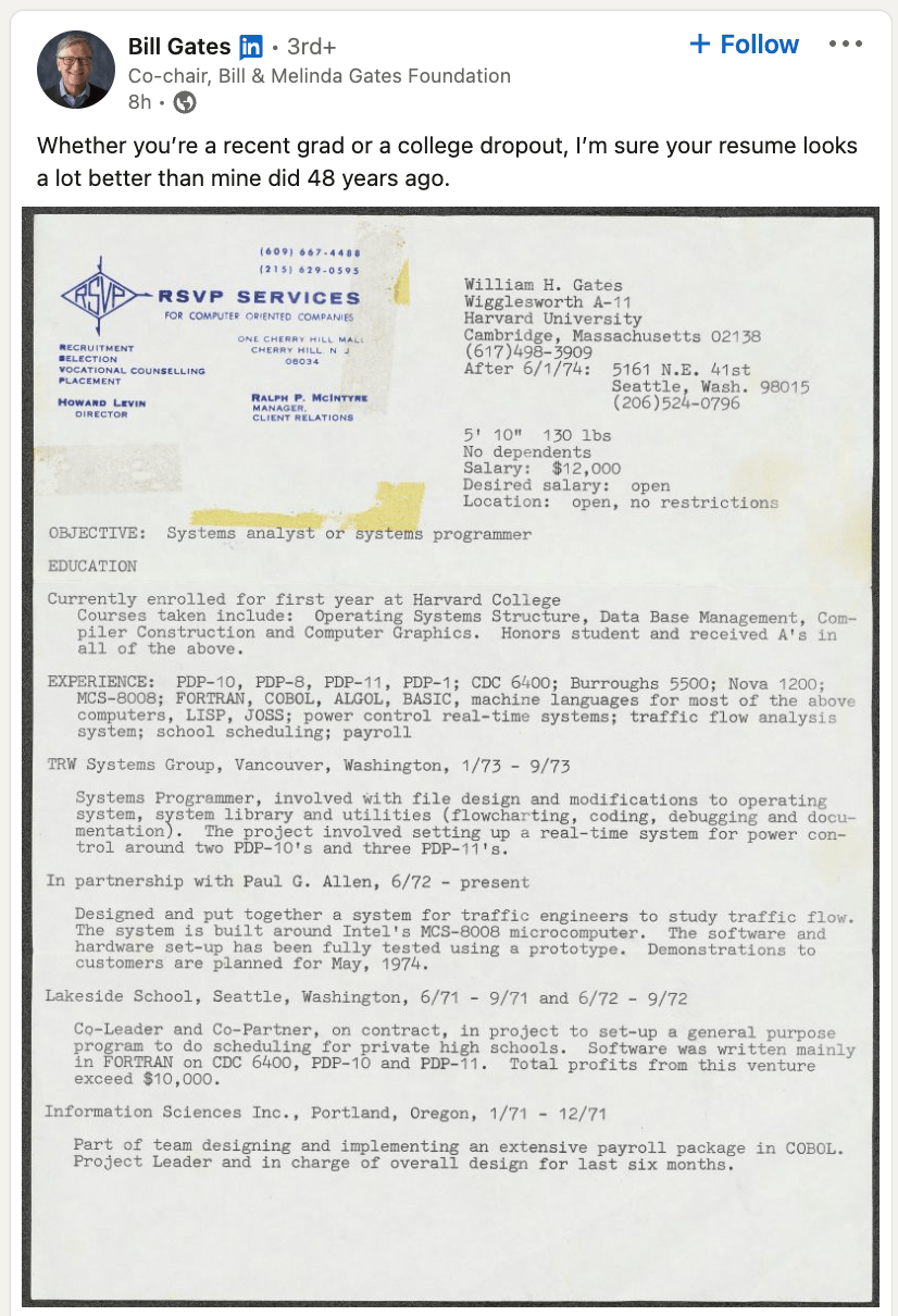 Bill Gates' résumé features 3 details experts warn you shouldn't use ...